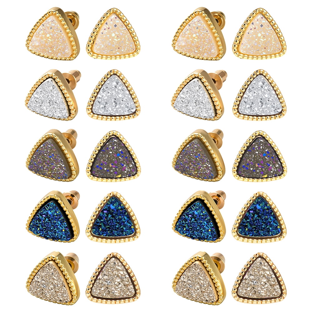 10 Pairs 5 Colors Sparkling Triangle Alloy Resin Stud Earrings Golden ...