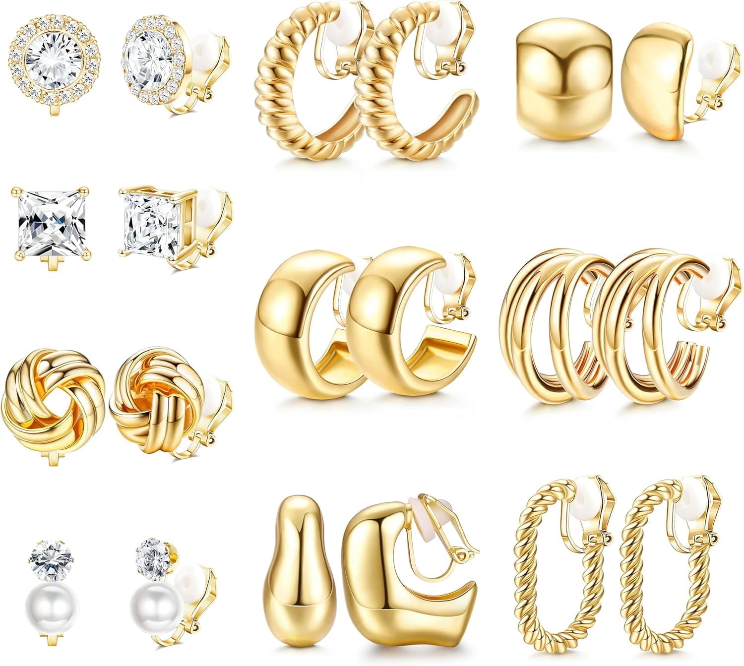 10 Pairs Clip On Earrings for Women Non Pierced Ears CZ Pearl Knot ...