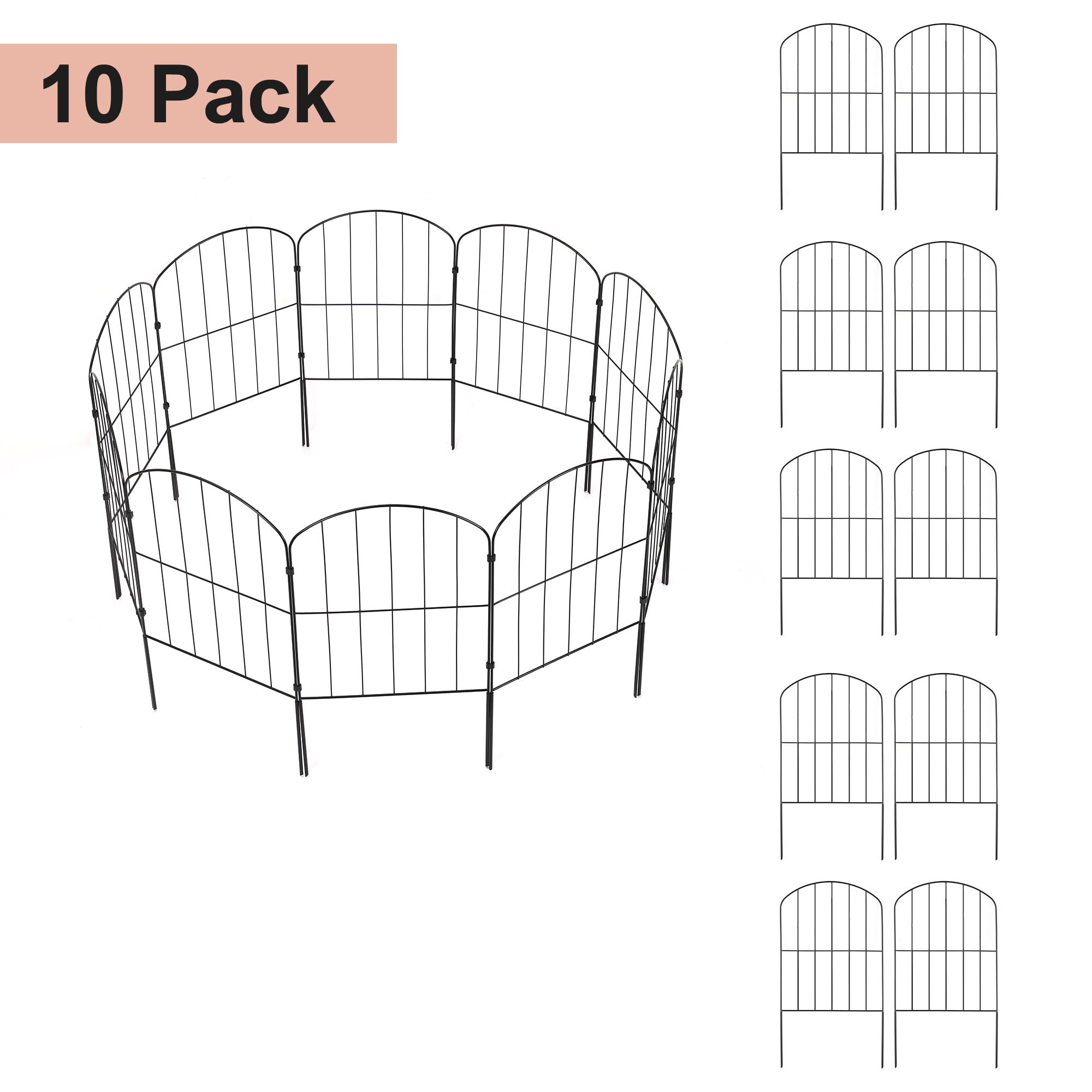 10-Panel 10ft Black Metal Garden Fence, Round Top, 24x13 inch ...