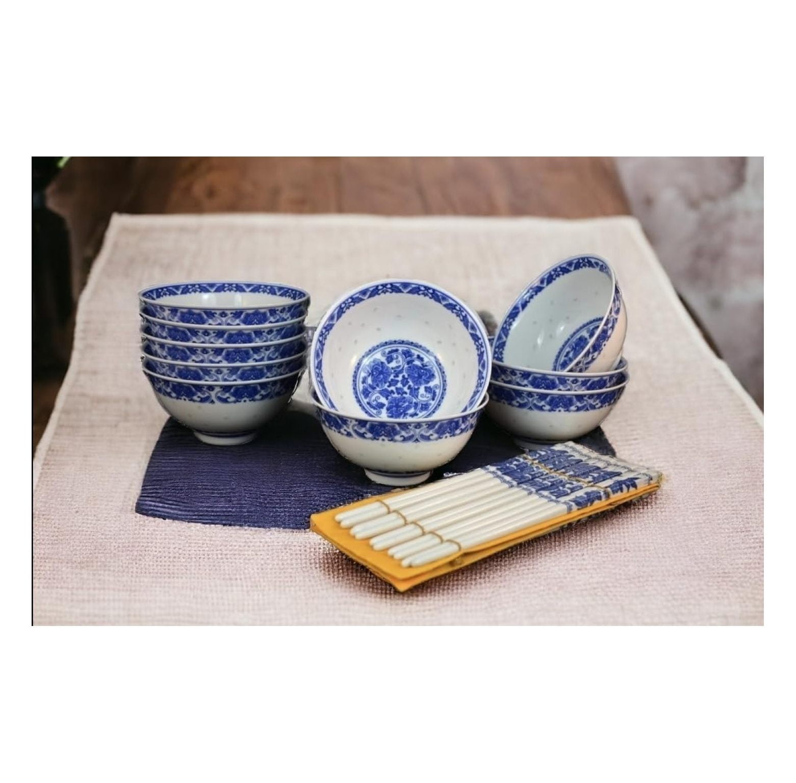 10 Pc Fine Porcelain Blue and White Rice Pattern Bowl Set, with Free 10 ...