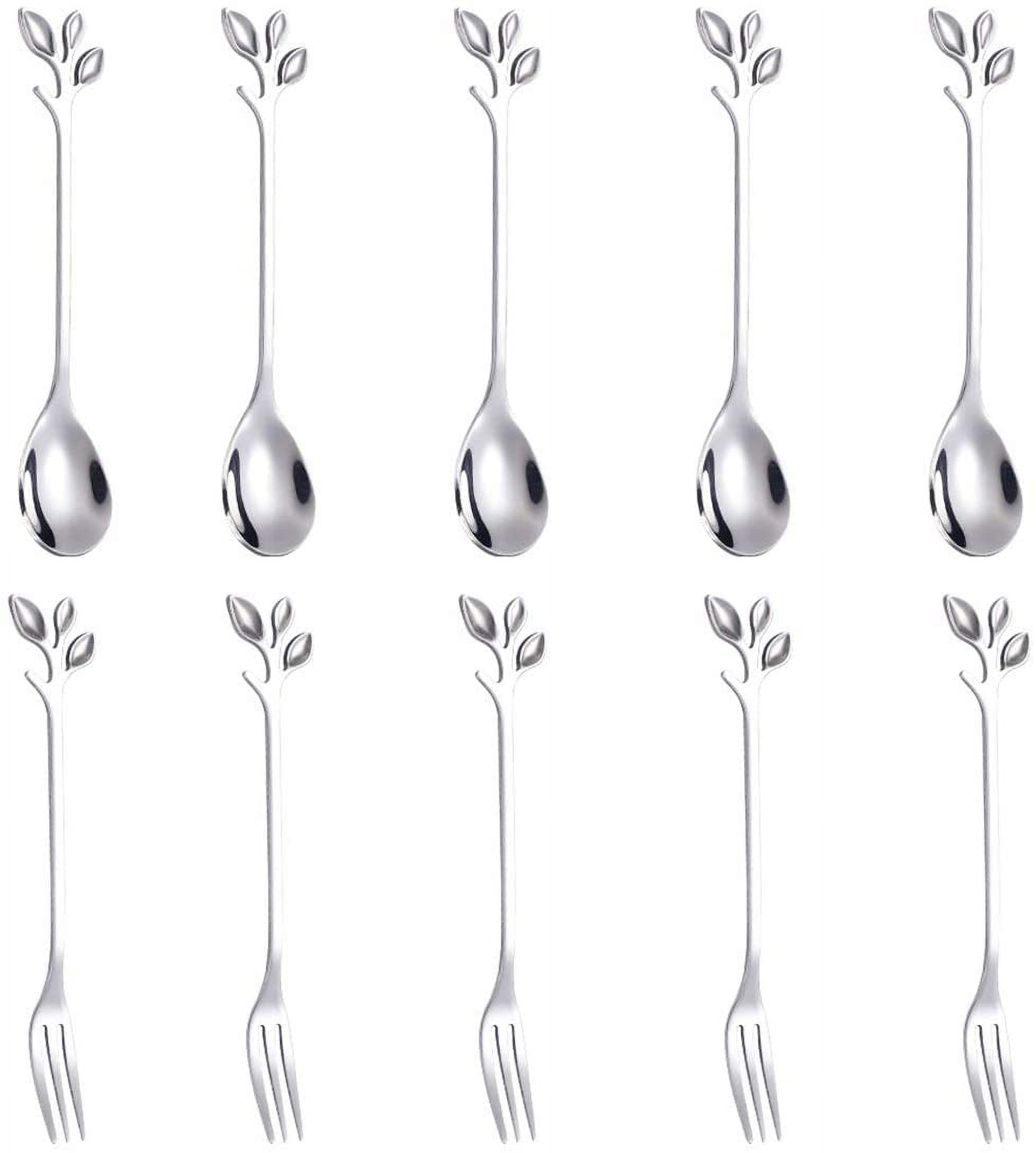 10-Pc Silver Mini Spoons & Forks Set, 4.7" - Stainless Steel, Leaf ...