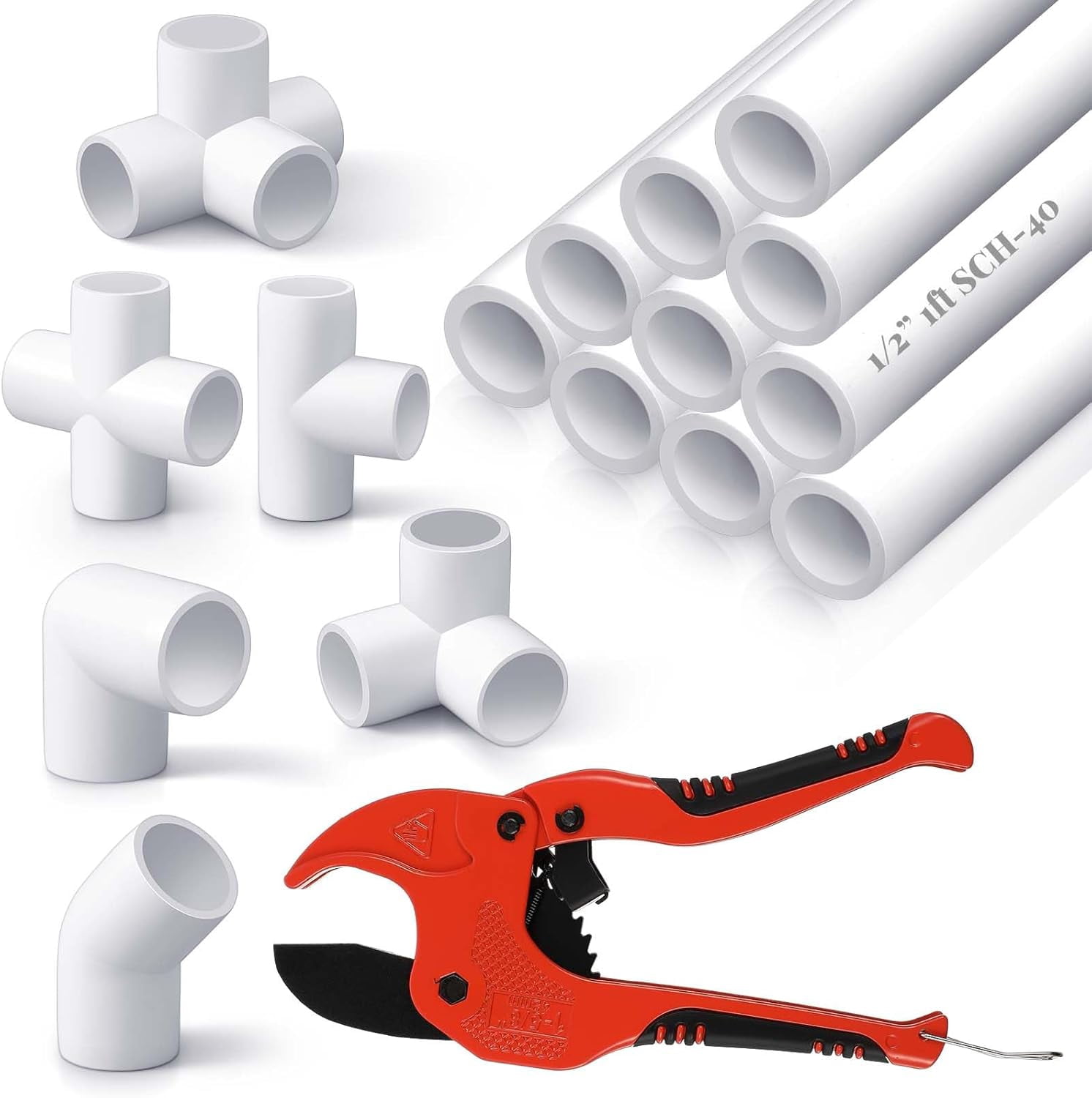 10 Pcs 1/2 Inch X 1 Ft PVC Pipe with 42 Pcs PVC Pipe Fittings Elbow Set ...