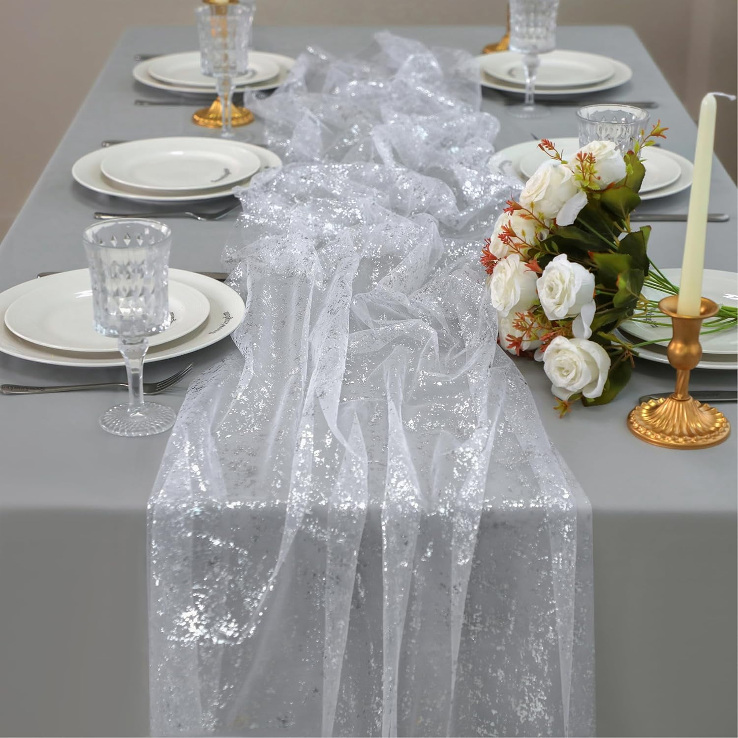 10 Pcs 10 FT Silver Table Runners, Sheer Chiffon Gauze Cheesecloth ...