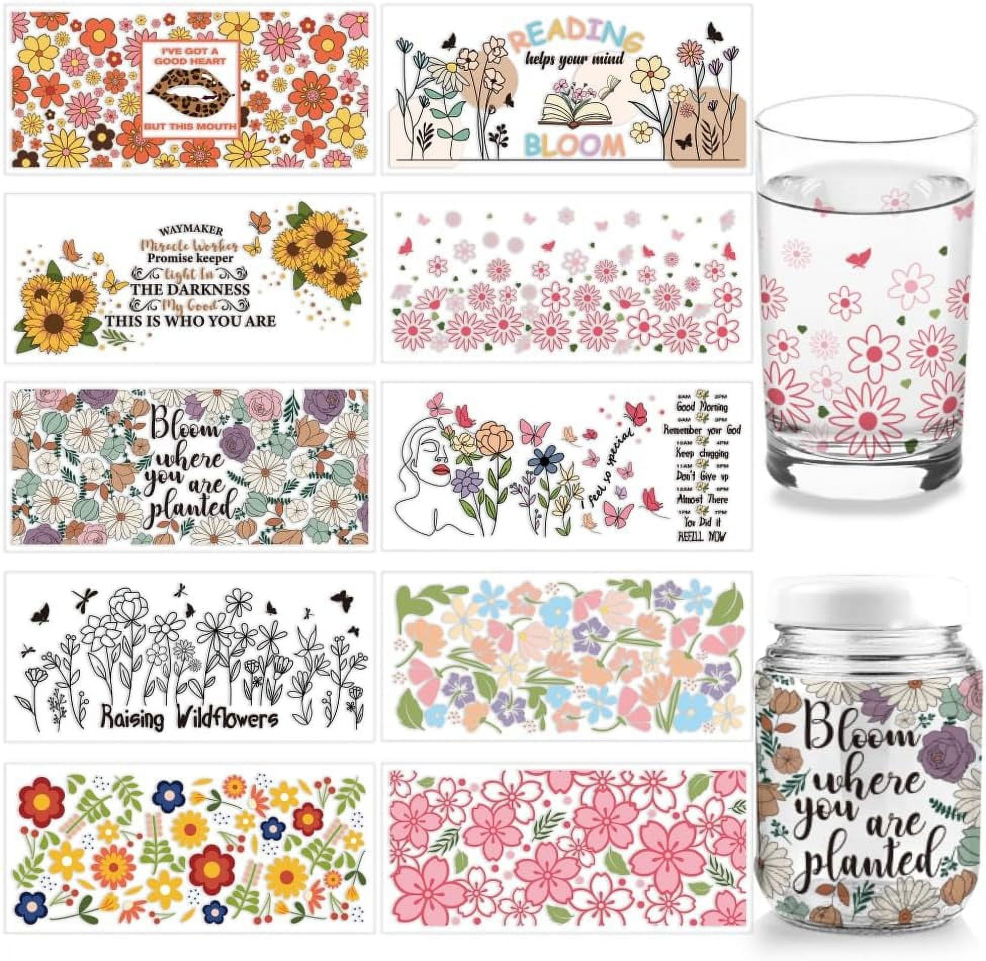 10 Pcs 10 Styles Cup Transfer Sticker Flower PVC Glass Cup Transfer ...