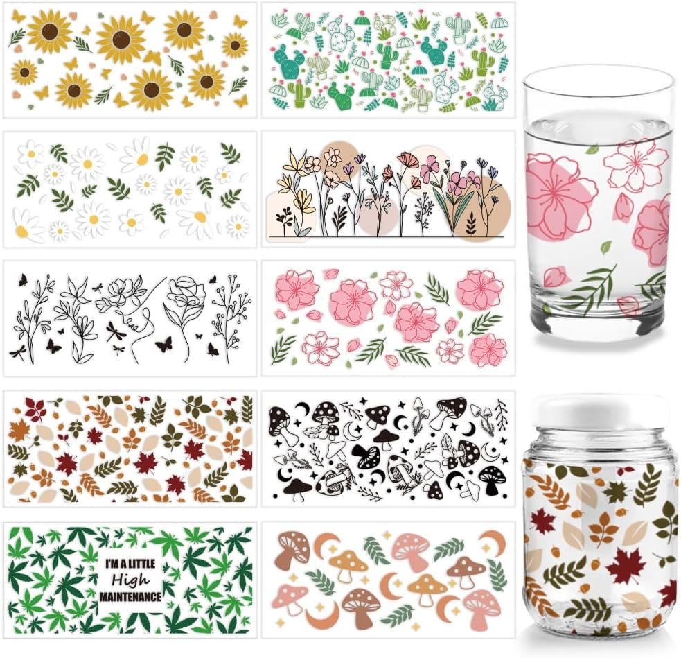 10 Pcs 10 Styles Cup Transfer Sticker Plant Cup Transfer Paper Flowers ...