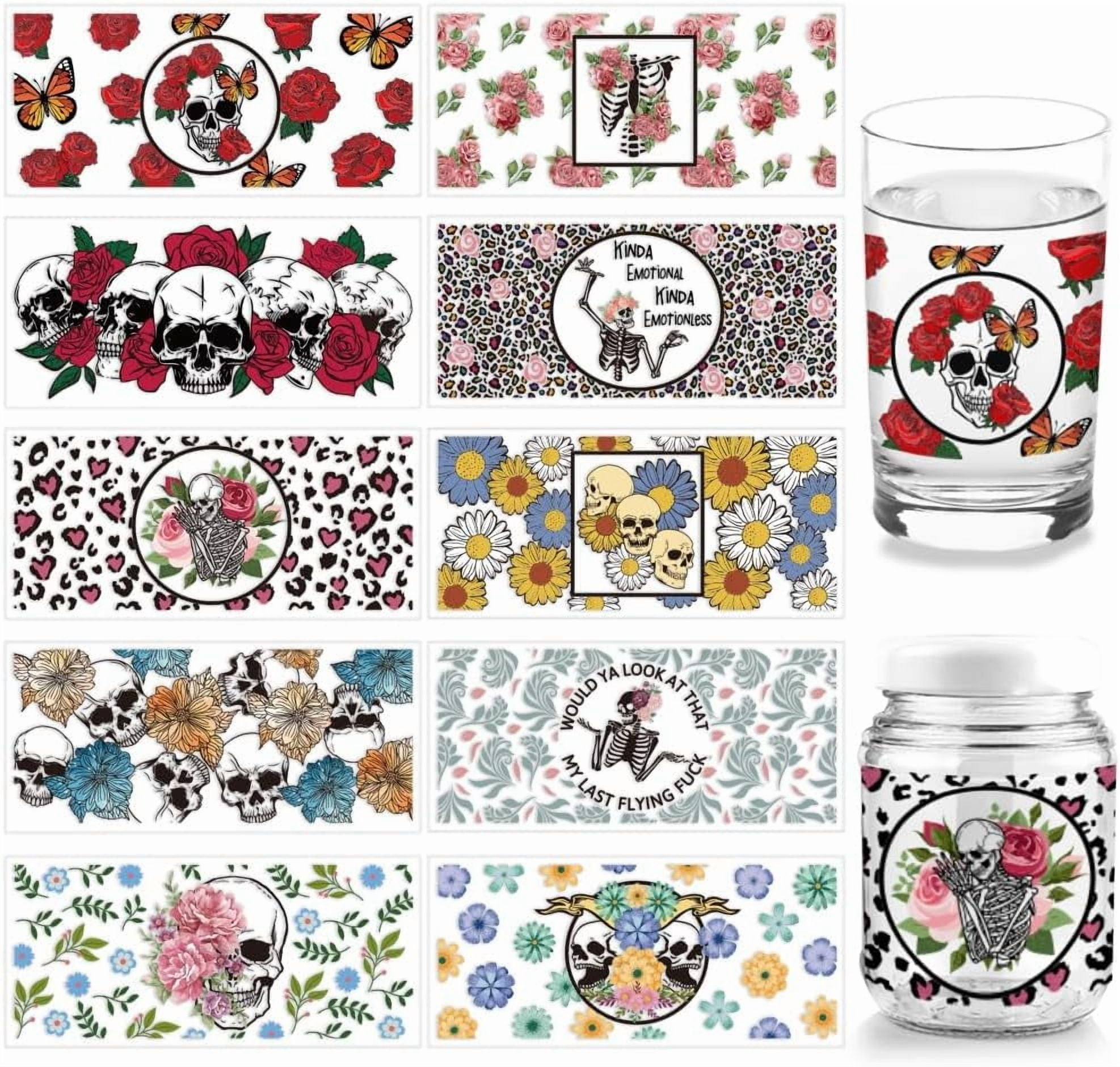 10 Pcs 10 Styles Cups Transfer Sticker Flower Skull Cups Transfer Paper ...