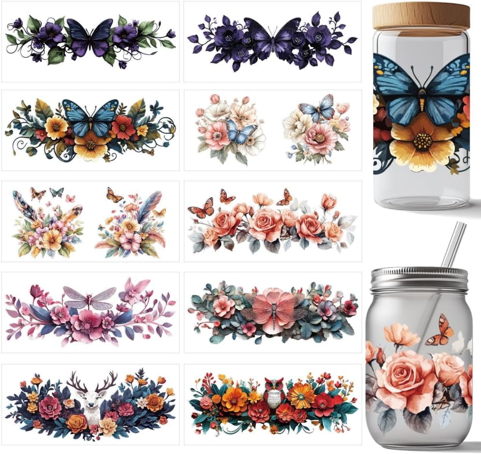 10 Pcs 10 Styles UV DTF Cup Wrap Transfer Sticker Flower Butterfly ...