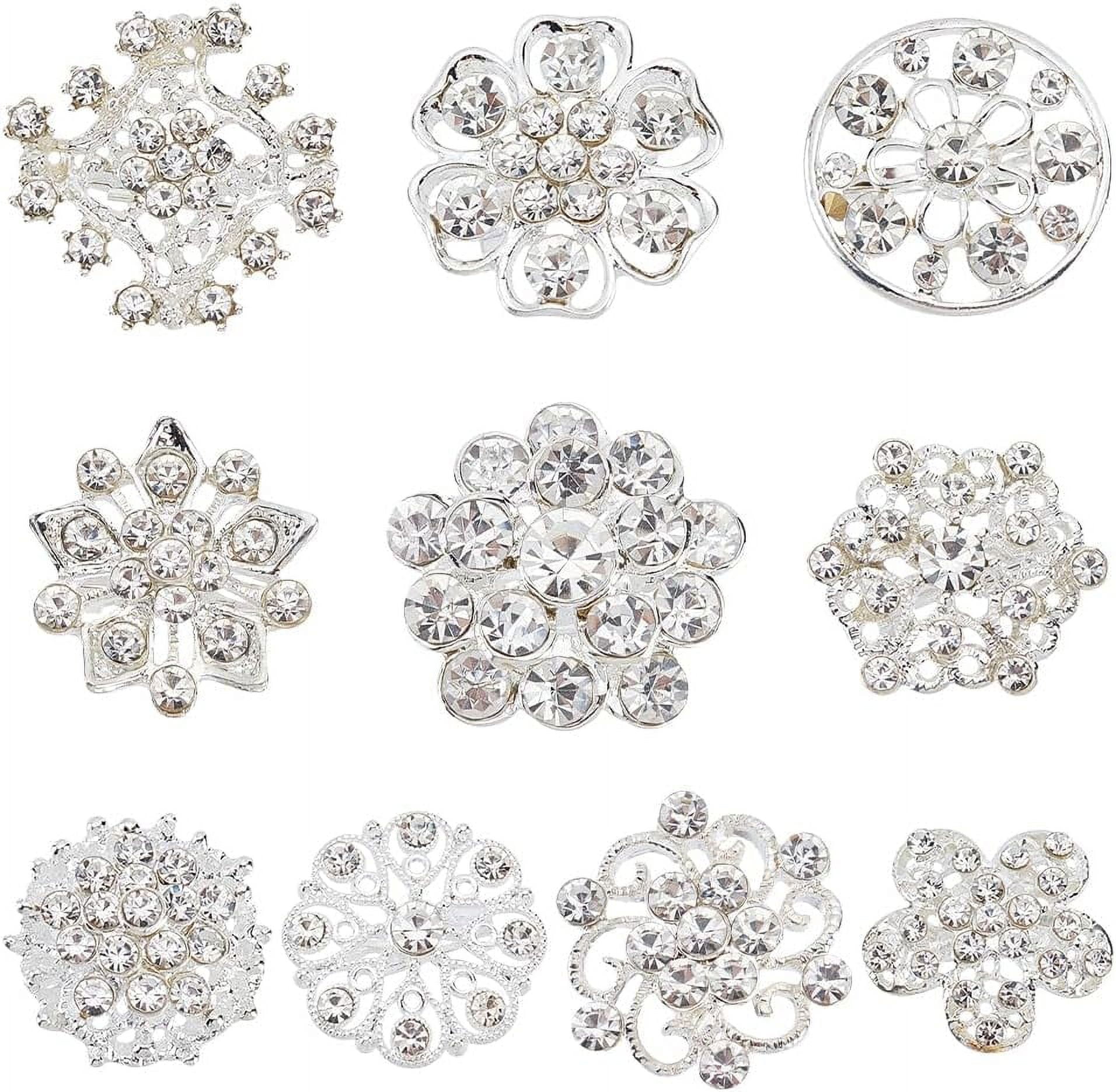 10 Pcs 10 Styles Zircon Sliver Rhinestone Buttons Flower Buttons Clear ...