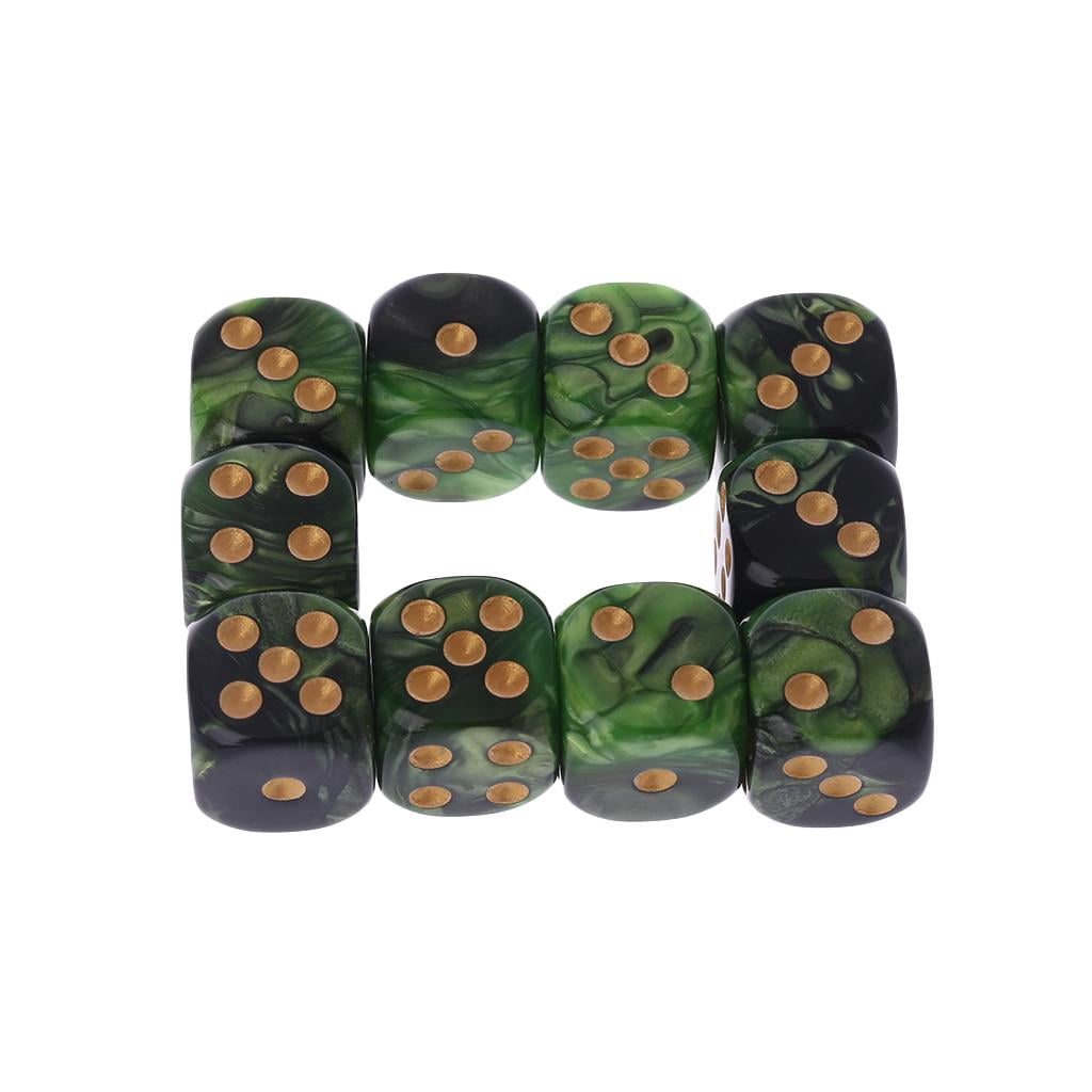 10 Pcs 16mm Resin Dice D6 Black Green Gold Points Round Edges KTV Bar ...