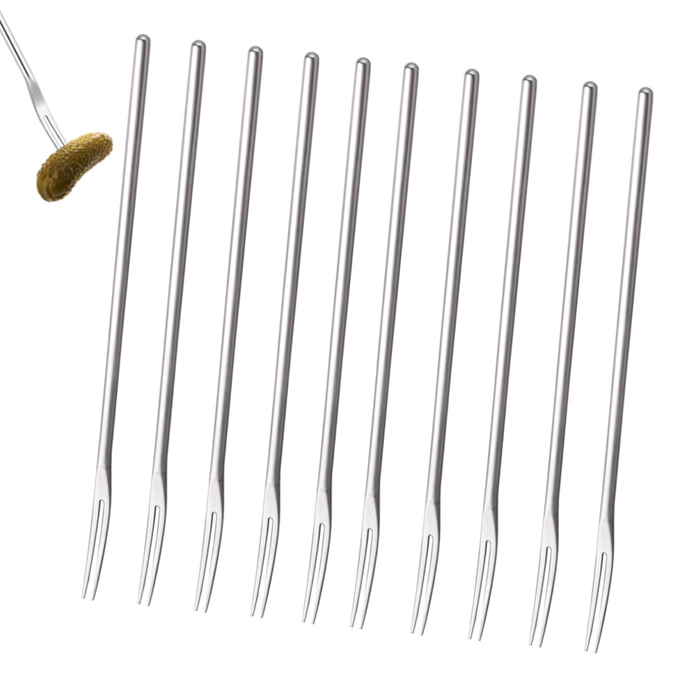 10 Pcs 2-Tine Pickle Forks with Long Handle,Stainless Steel Fruit Forks,Party Dessert Fork,Salad ...