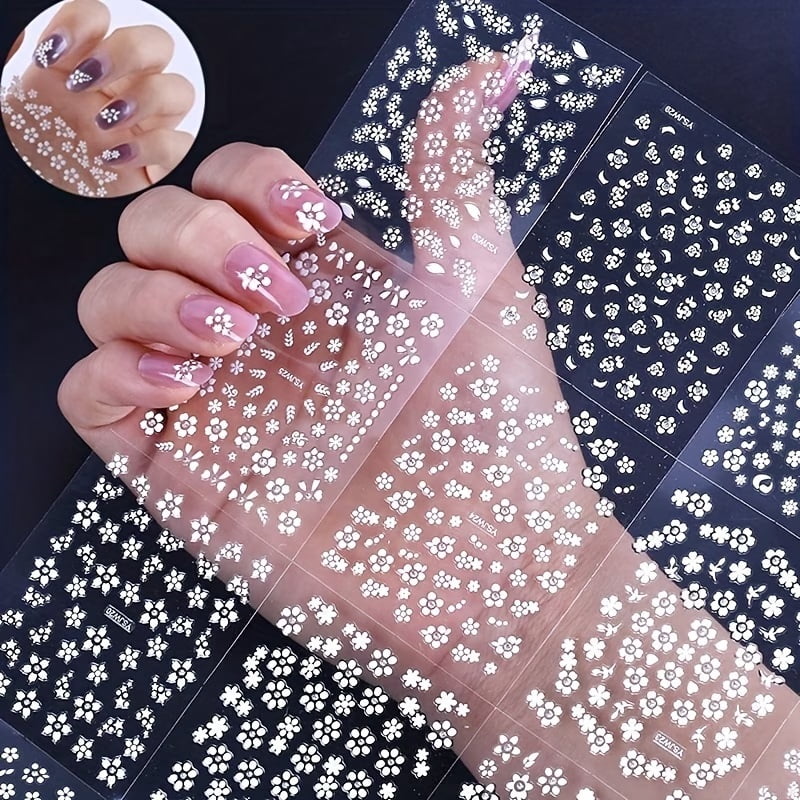 10 Pcs 3D White Flower Nail Art Stickers - Self-Adhesive Holographic ...