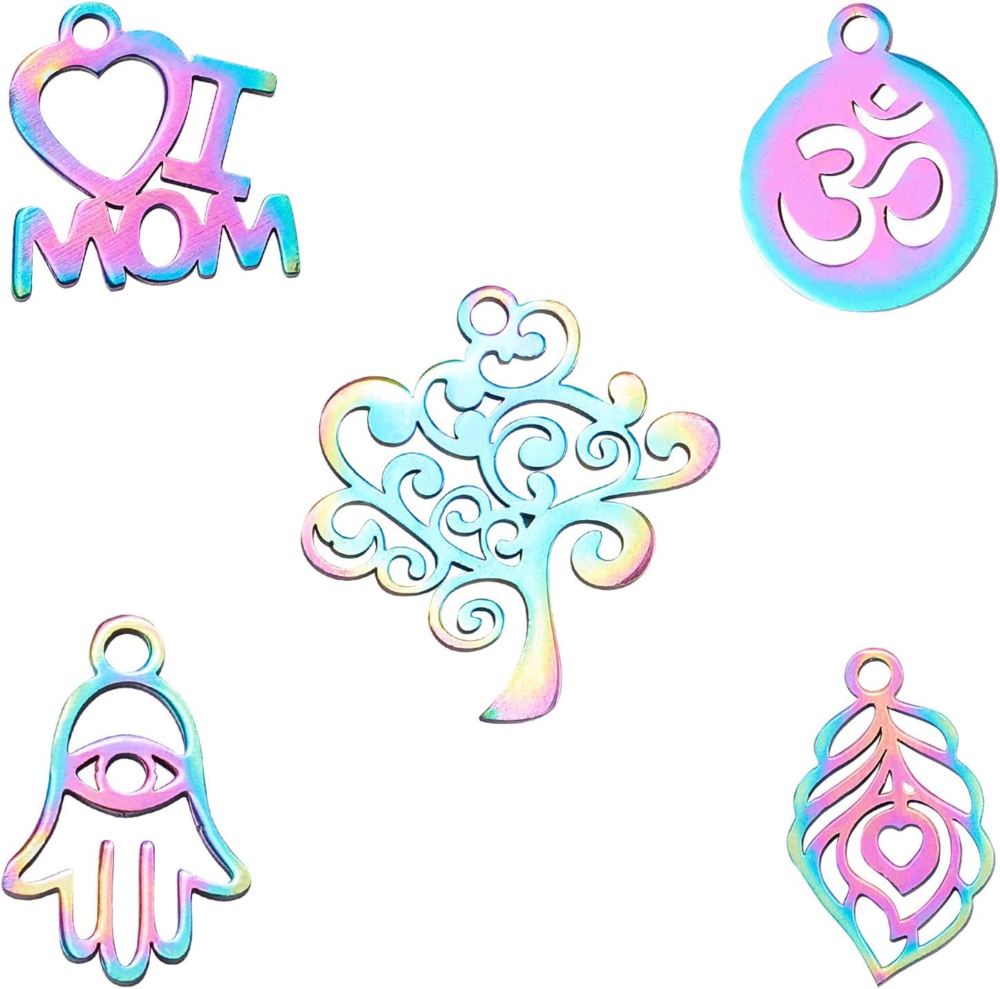 10 Pcs 5 Mixed Styles Stainless Steel Charm Pendants Hamsa Hand Tree ...
