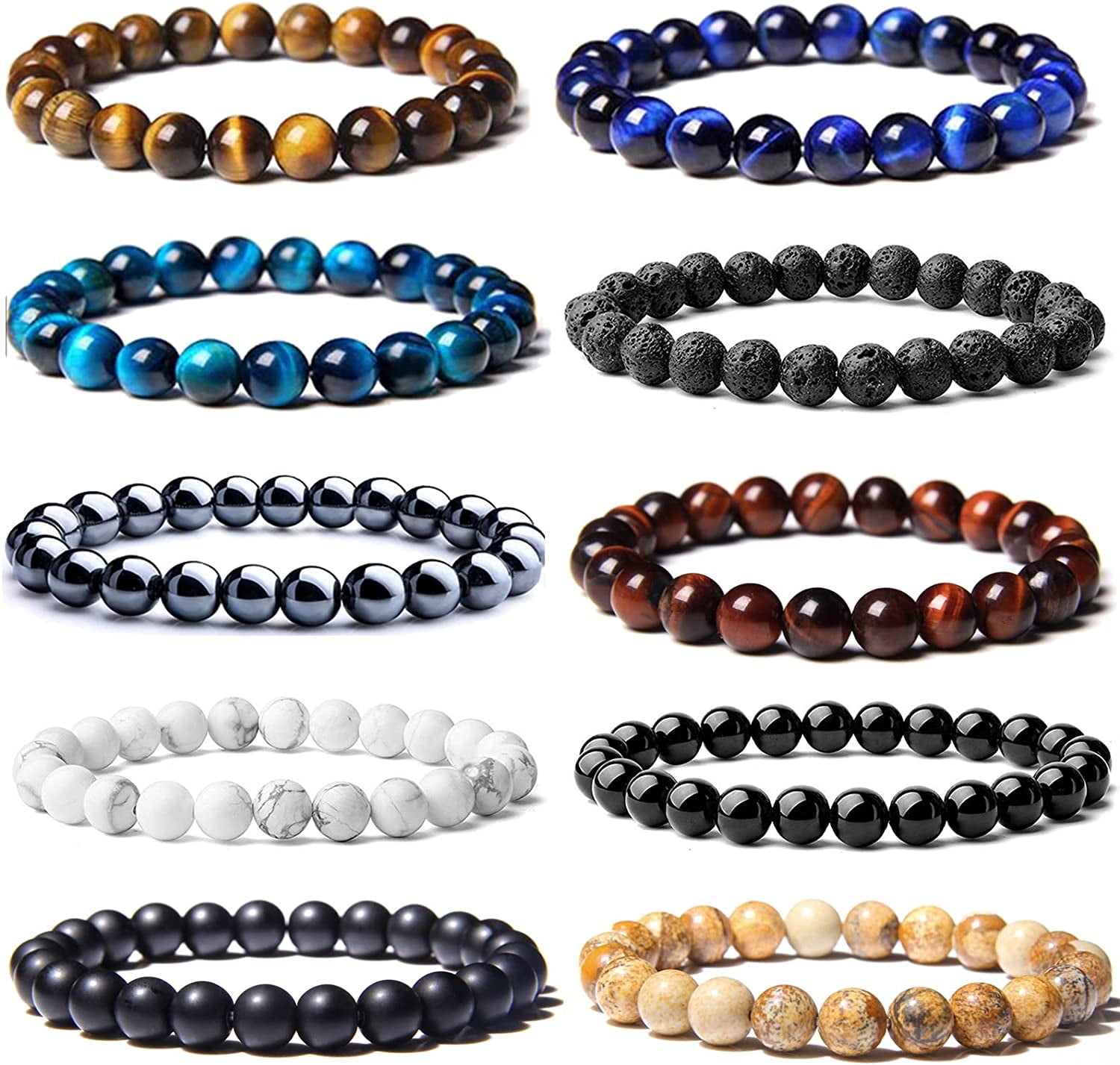 10 Pcs 8mm Semi-Precious Gemstones Bracelets Round Beaded Bracelets for Men Women Stone Crystal ...