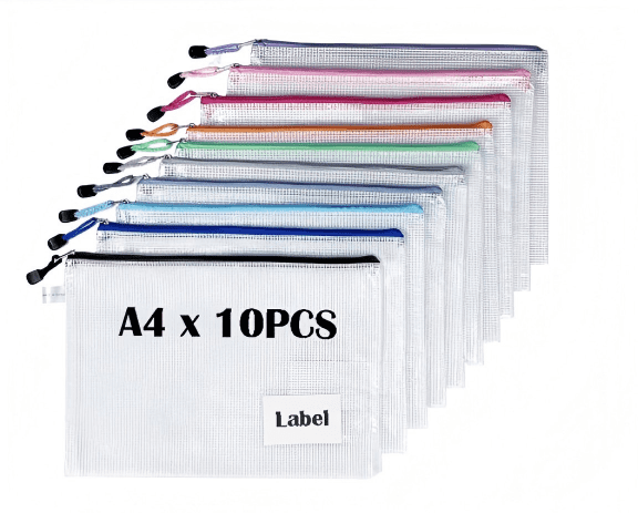 10 Pcs A4 Plastic Wallets Mesh Zipper Pouch with Label Pocket, TRANBO ...