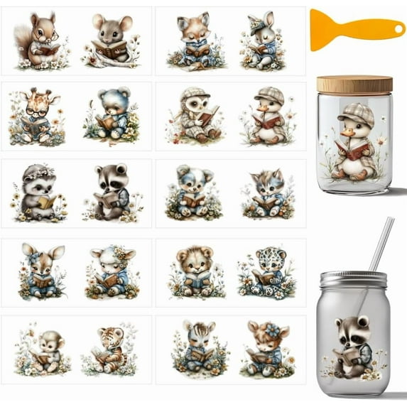 10 Pcs Animals Reading Books Theme PVC Cup Transfer Stickers Animals ...