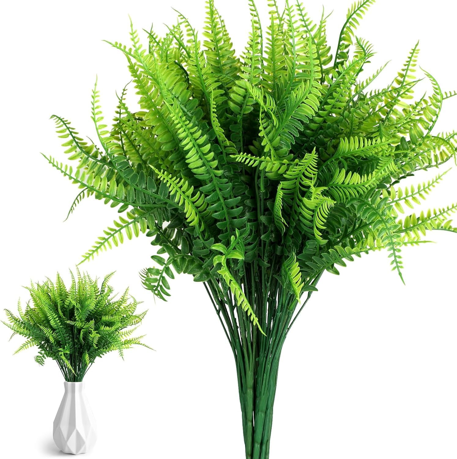 10 Pcs Artificial Boston Ferns Fake Plants for Outdoors, Faux Plants Indoor Greenery Stems and ...