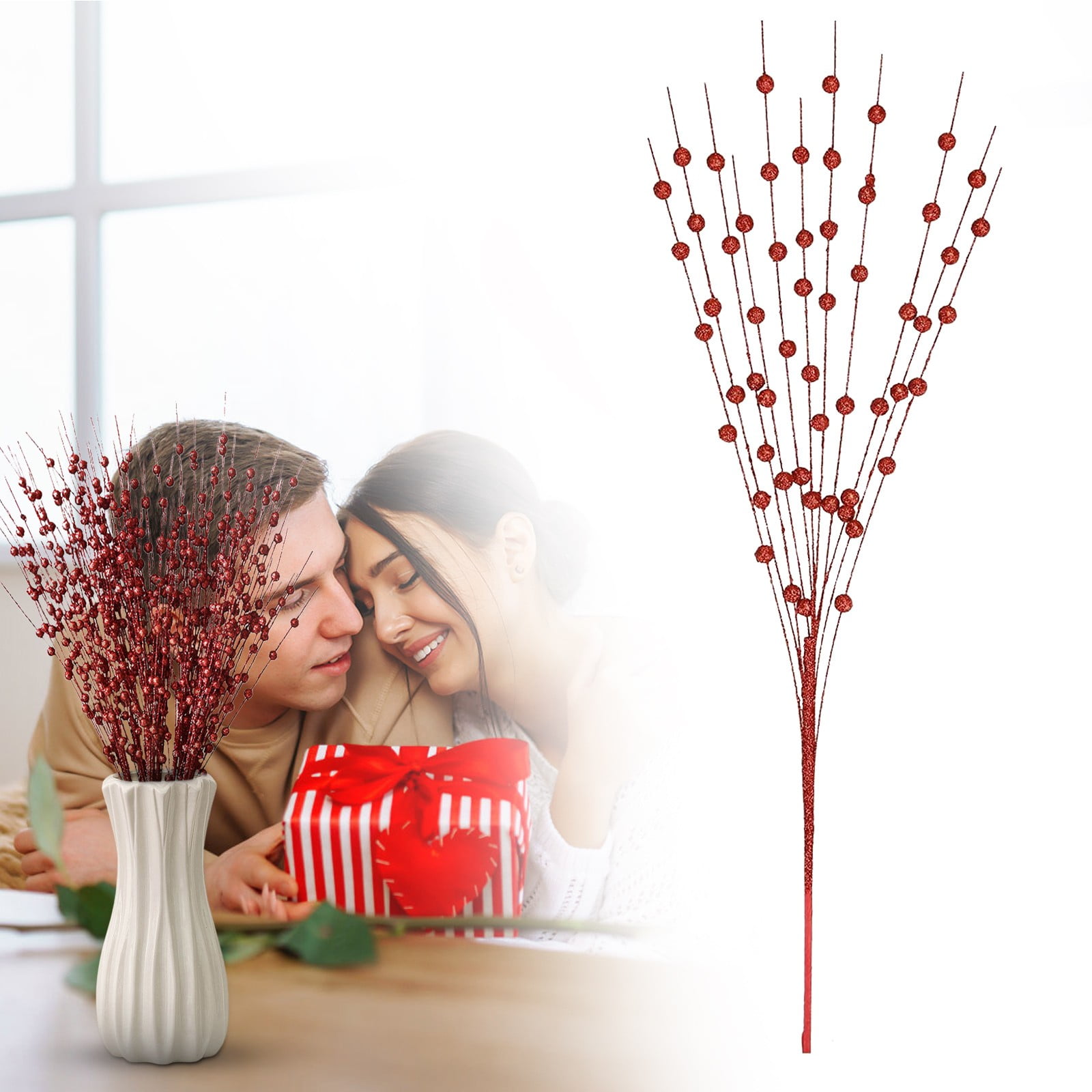 10 Pcs Artificial Glitter Berry Stem Ornaments, Red Artificial Glitter ...