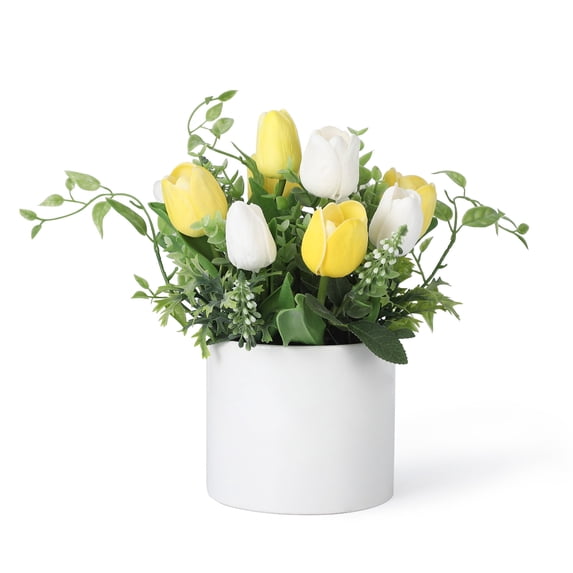 10 Pcs Artificial Tulips in Ceramic Vase, Faux Tulip Flower Arrangement ...