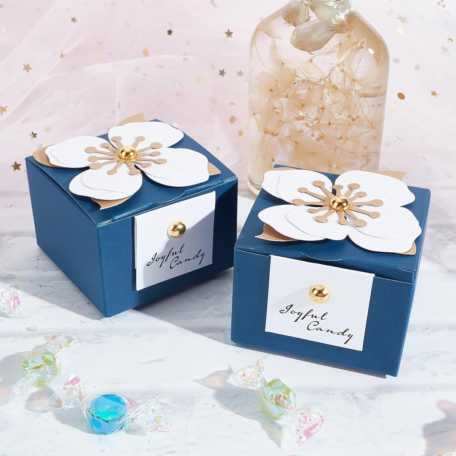 10 Pcs Blue Favor Boxes with Thanks Card Square Flower Paper Gift Box ...