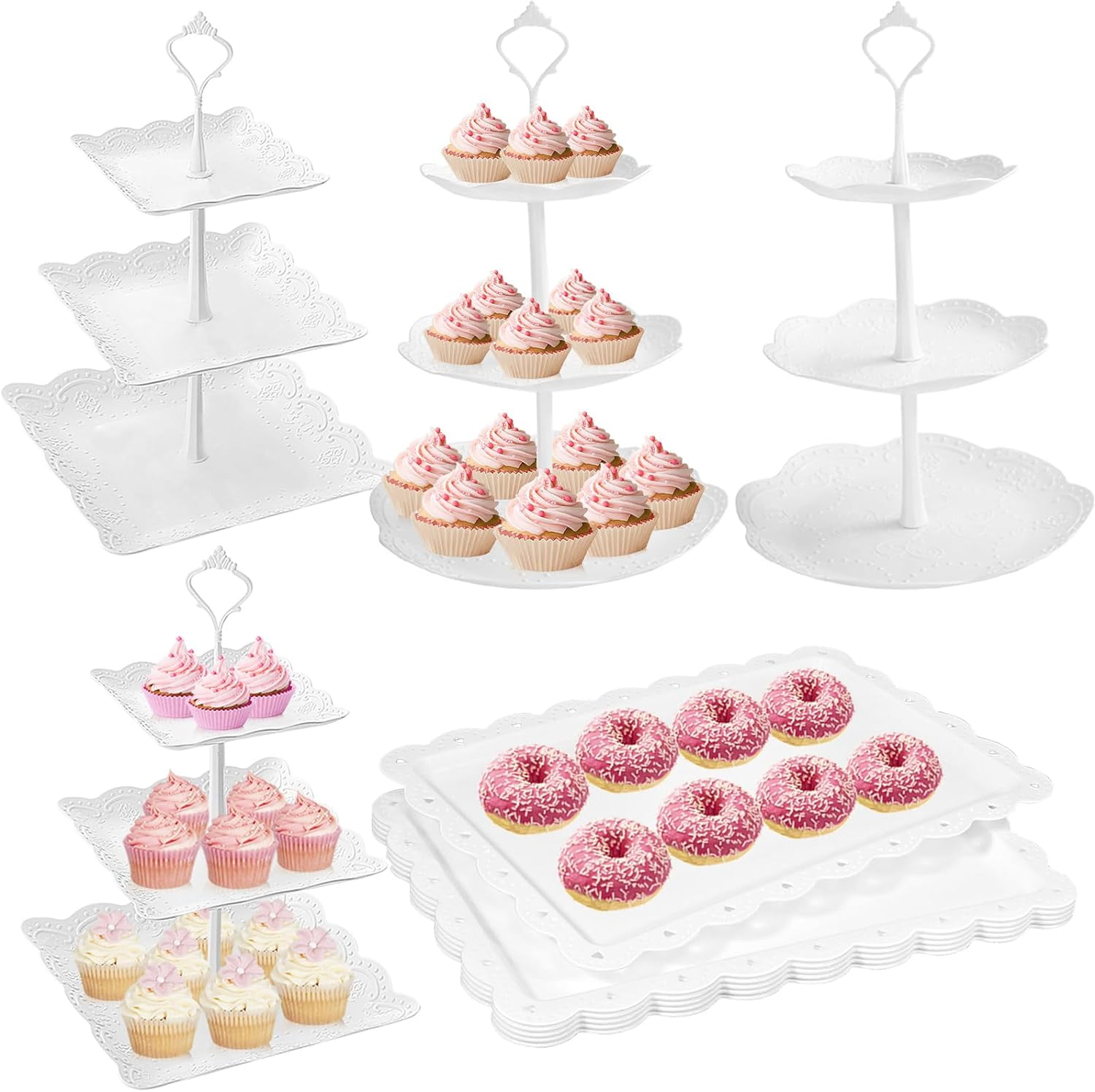 10 Pcs Cake Stand White Plastic Dessert Table Stand Set 4 Pcs 3 Tired ...