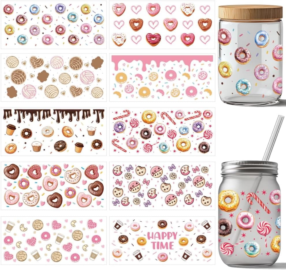 10 Pcs Candy UV DTF Cup Wrap Transfer Sticker 10 Styles Coffee Donut ...