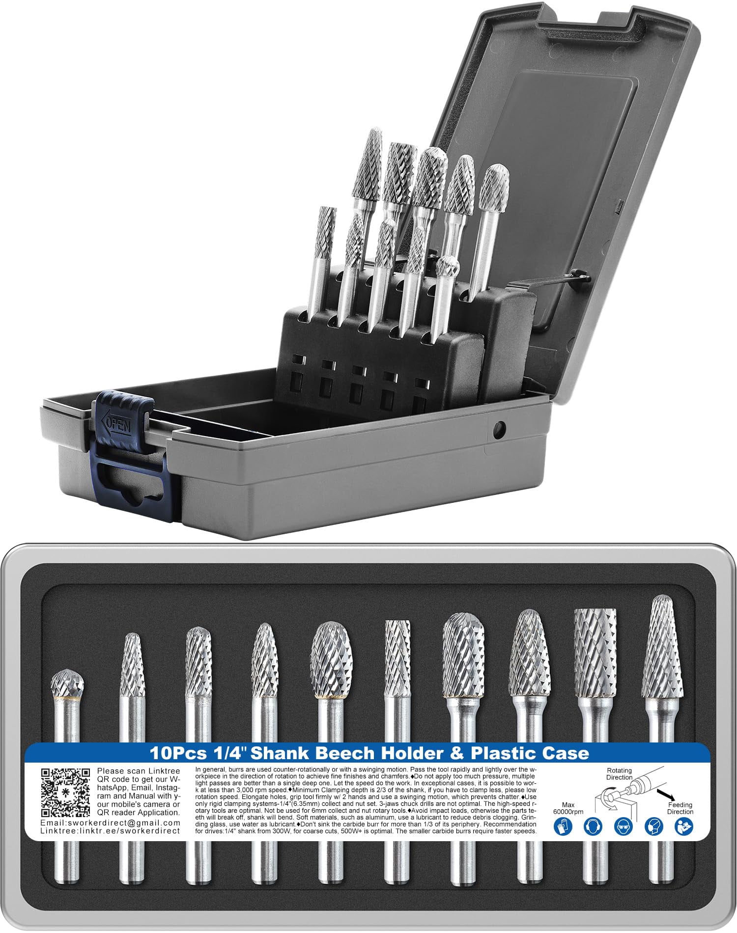10 Pcs Carbide Burr Set 1/4 Shank w/Beech and Case Die Grinder Grinding ...