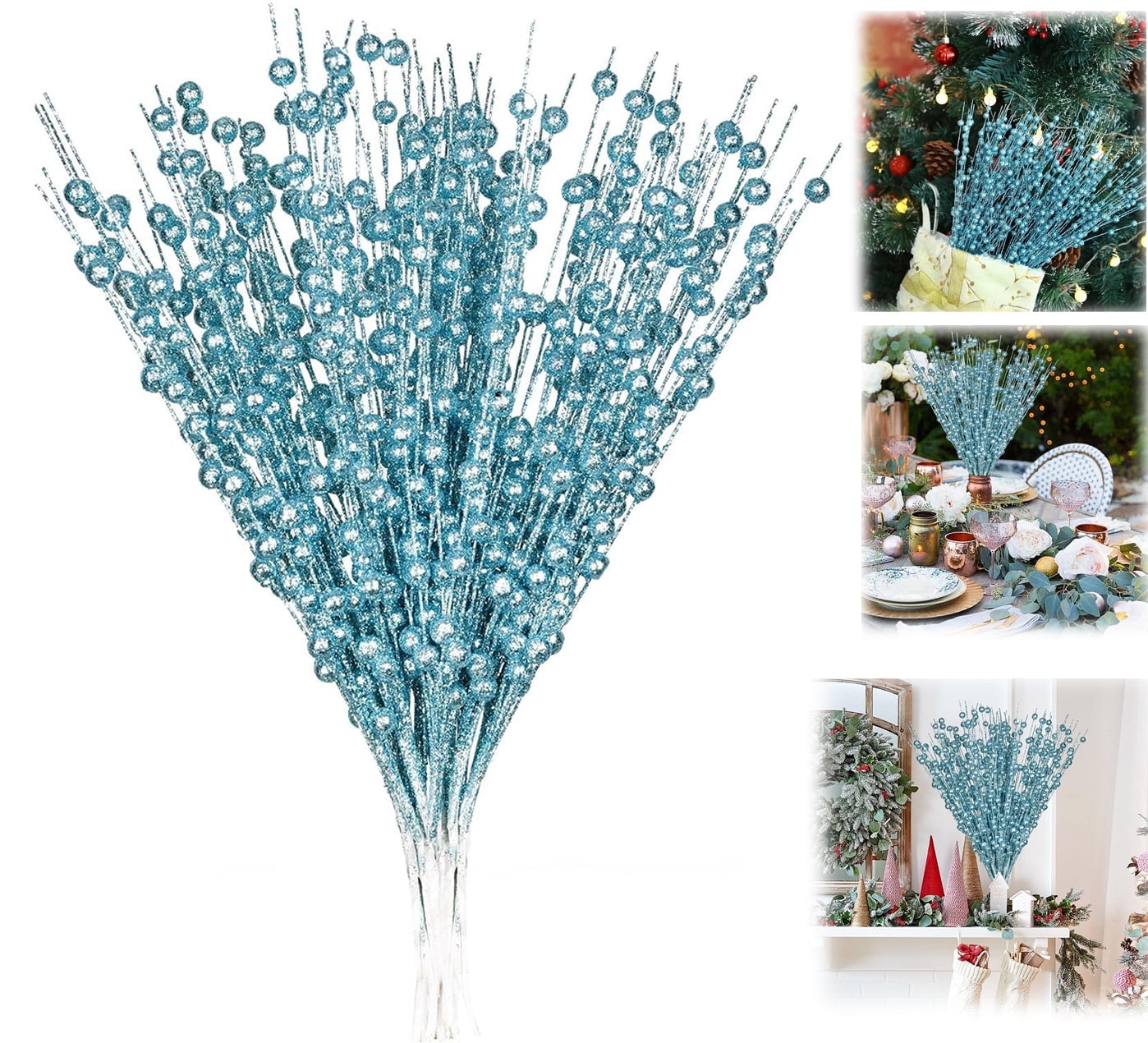 10 Pcs Christmas Artificial Glitter Berry Stem Decorations Bead Sticks ...