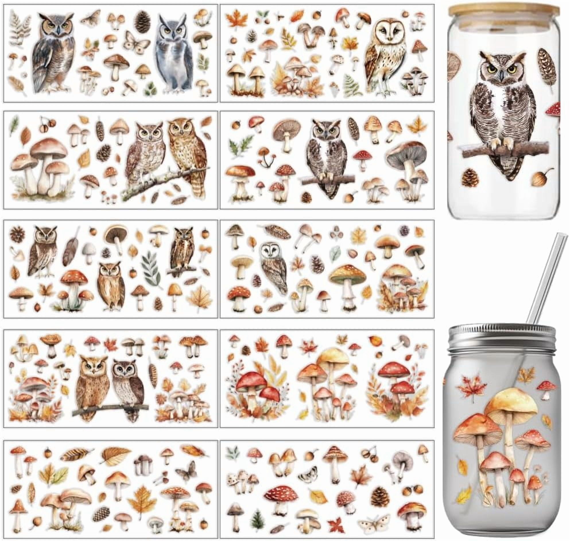 10 Pcs Colorful Owl Theme Cup Printing UV Transfer Papers 10 Styles Mushrooms Leaves Pine Cones ...