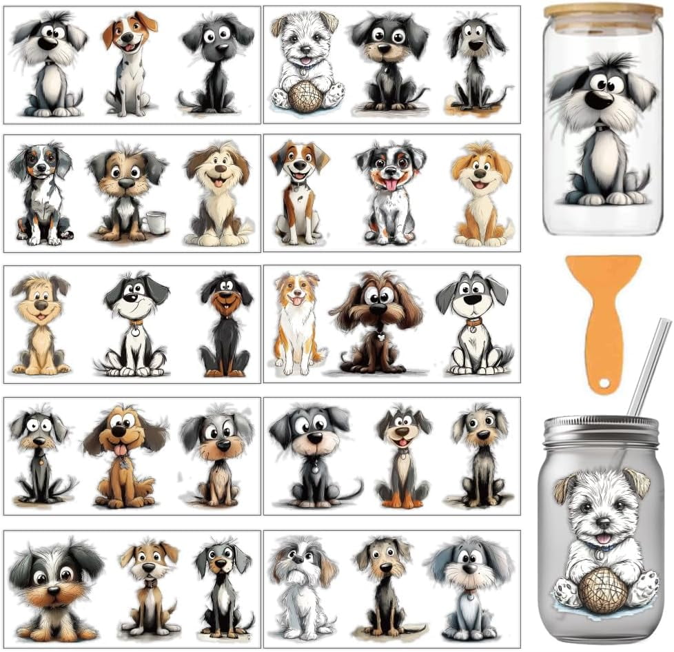 10 Pcs Comic Puppy PVC Cup Transfer Stickers Various Dog Colorful UV ...