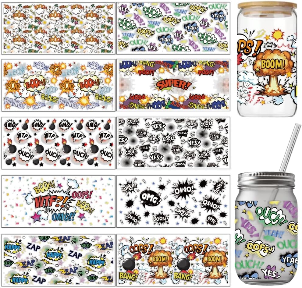 10 Pcs Comic Text Theme Cup Printing UV Transfer Papers 10 Styles Funny ...