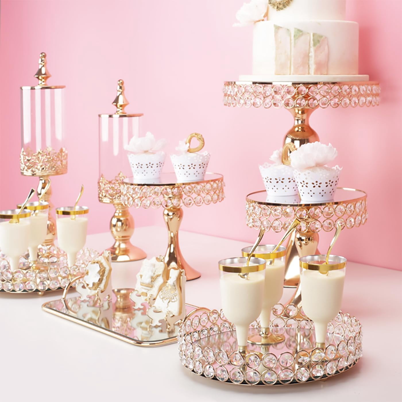 10 Pcs Crystal Gold Cake Stand Set, Elegant Dessert Display Stands Tray ...