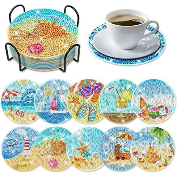 10 Pcs Diamond Coasters Painting with Holder Ocean Diamond Art Coasters ...