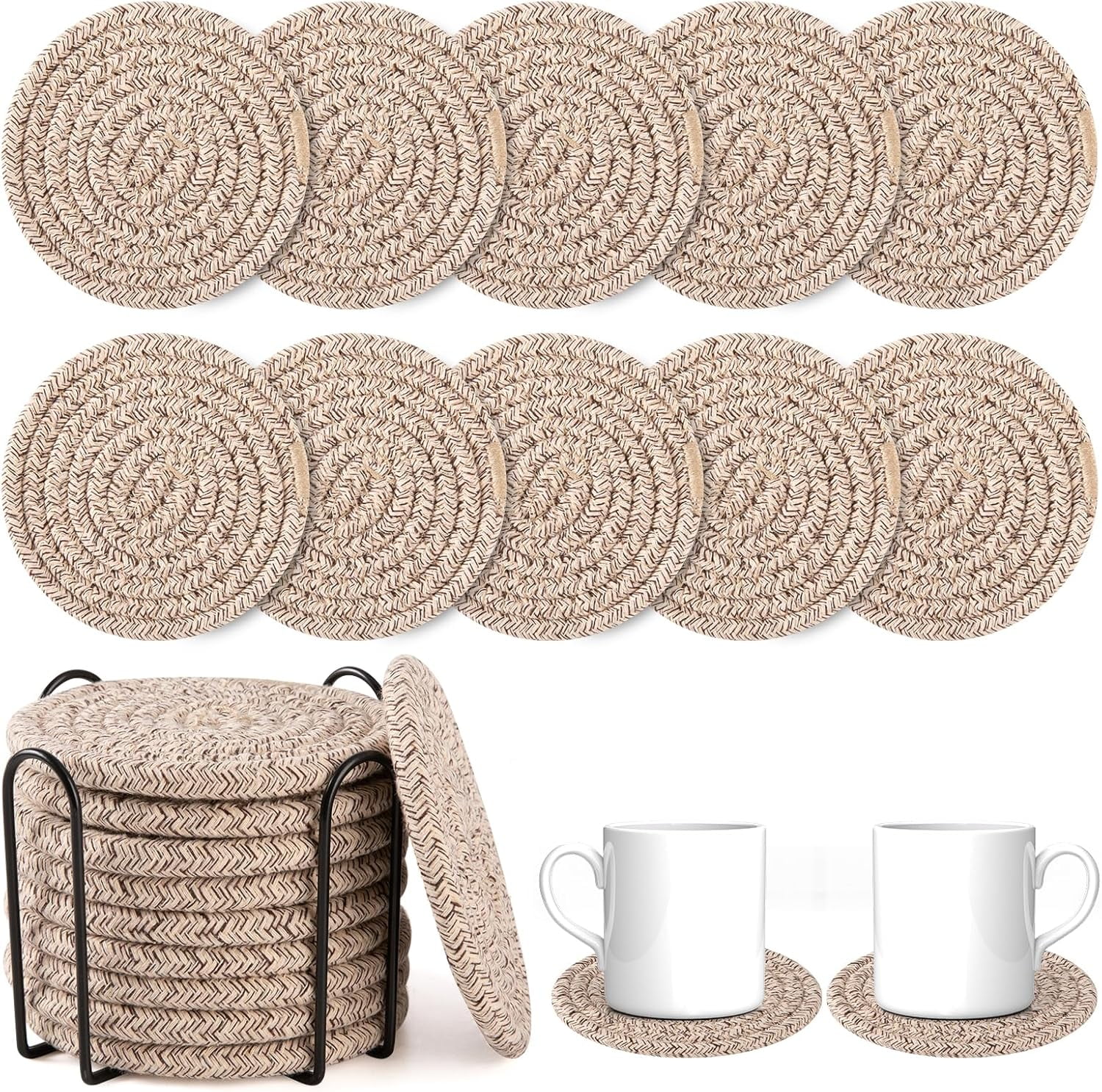10 Pcs Drink Coasters with Holder, Boho Cotton Woven Coaster Set ...