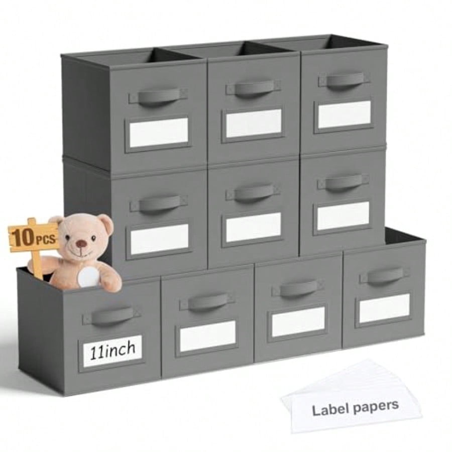 10 Pcs Fabric Storage Cubes with Labels 11 Inch Collapsible Cube ...
