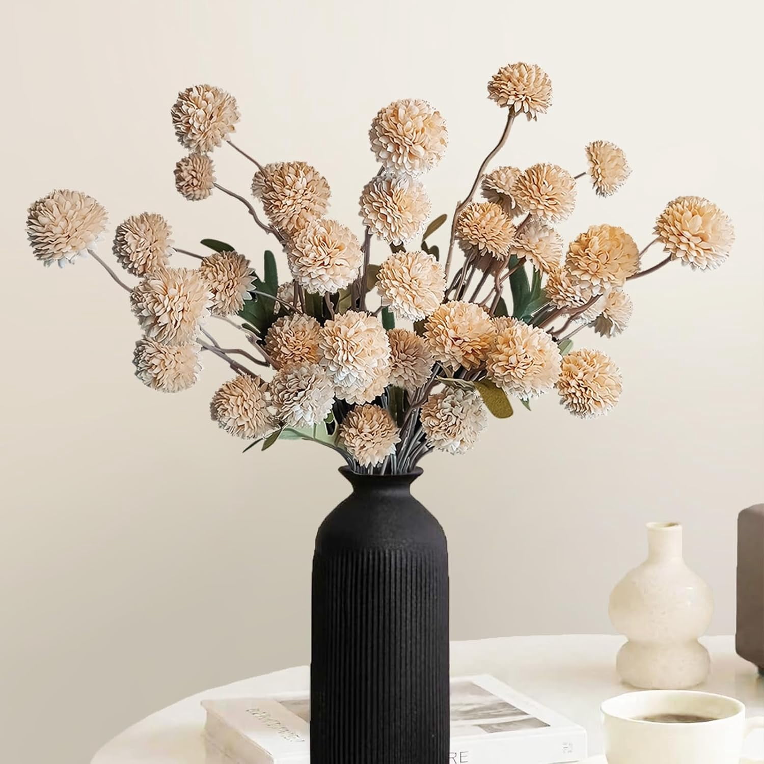 10 Pcs Fake Flowers, Artificial Mums with Long Stems, Beige Faux Pompon ...