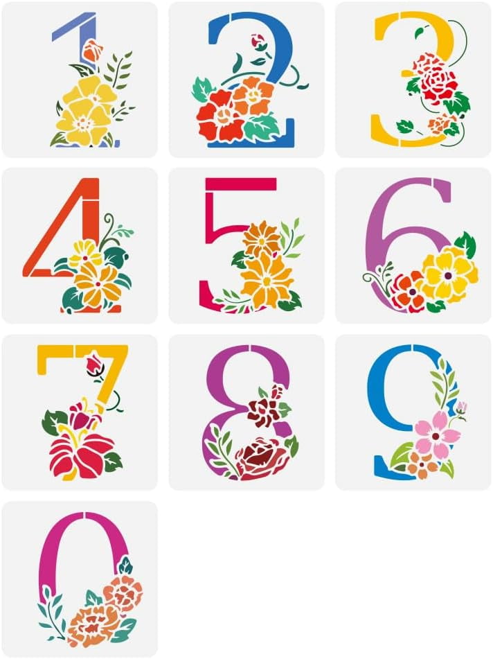 10 Pcs Floral Numbers Drawing Template 10Styles 0-9 Numbers Painting ...