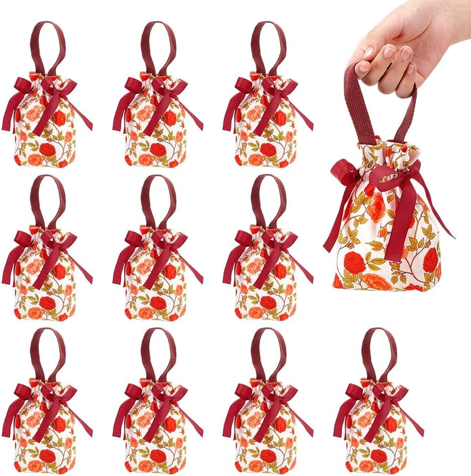 10 Pcs Floral Small Gift Bags with Handles Flower Drawstring Bags Tea ...