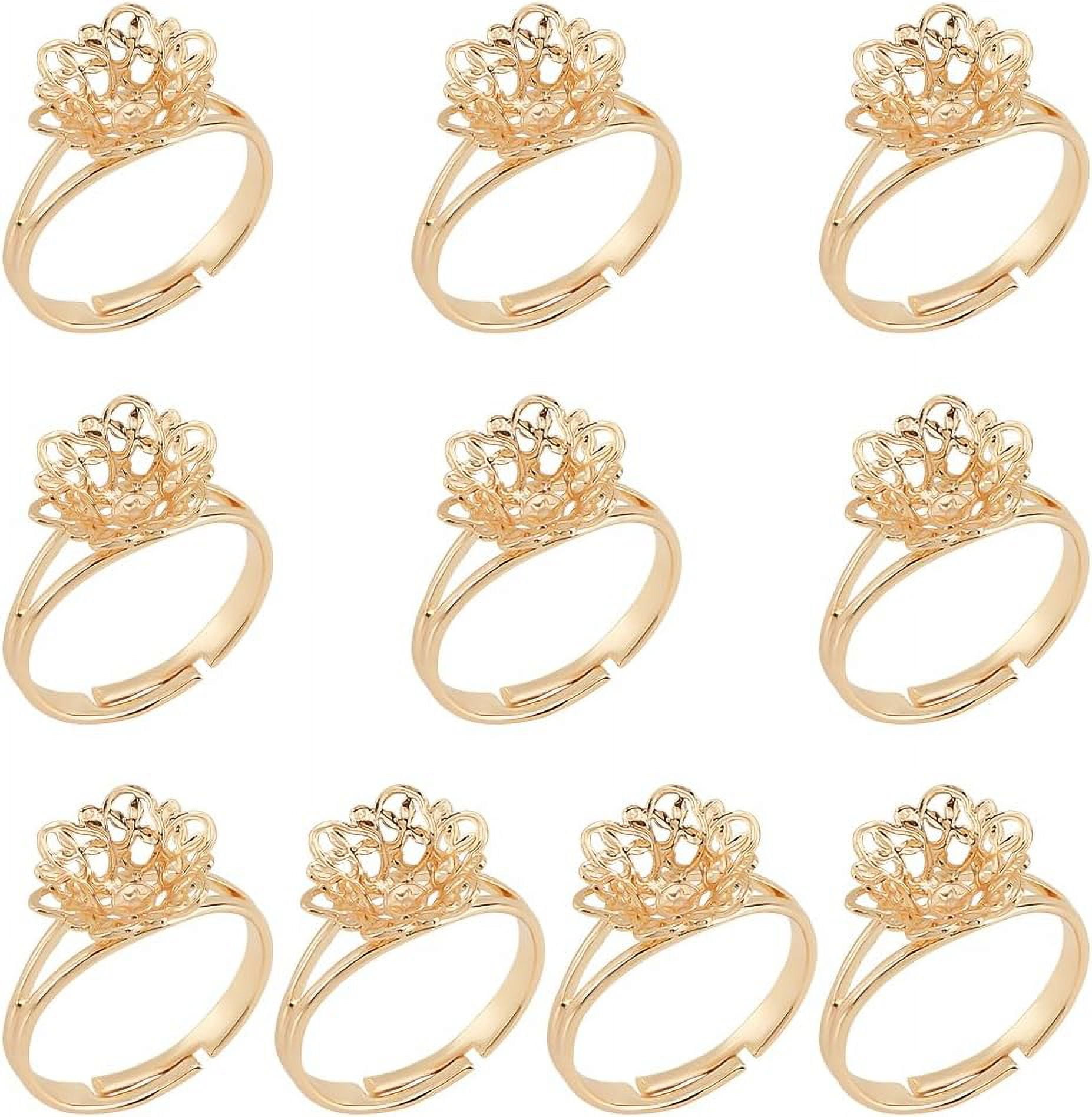 10 Pcs Flower Claw Ring Blanks 17.3mm Adjustable Brass Filigree Ring ...