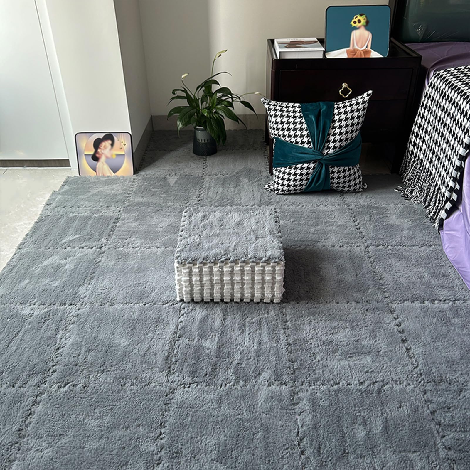 10 Pcs Fluffy Interlocking Carpet Tiles Square Play Mat Plush Foam ...