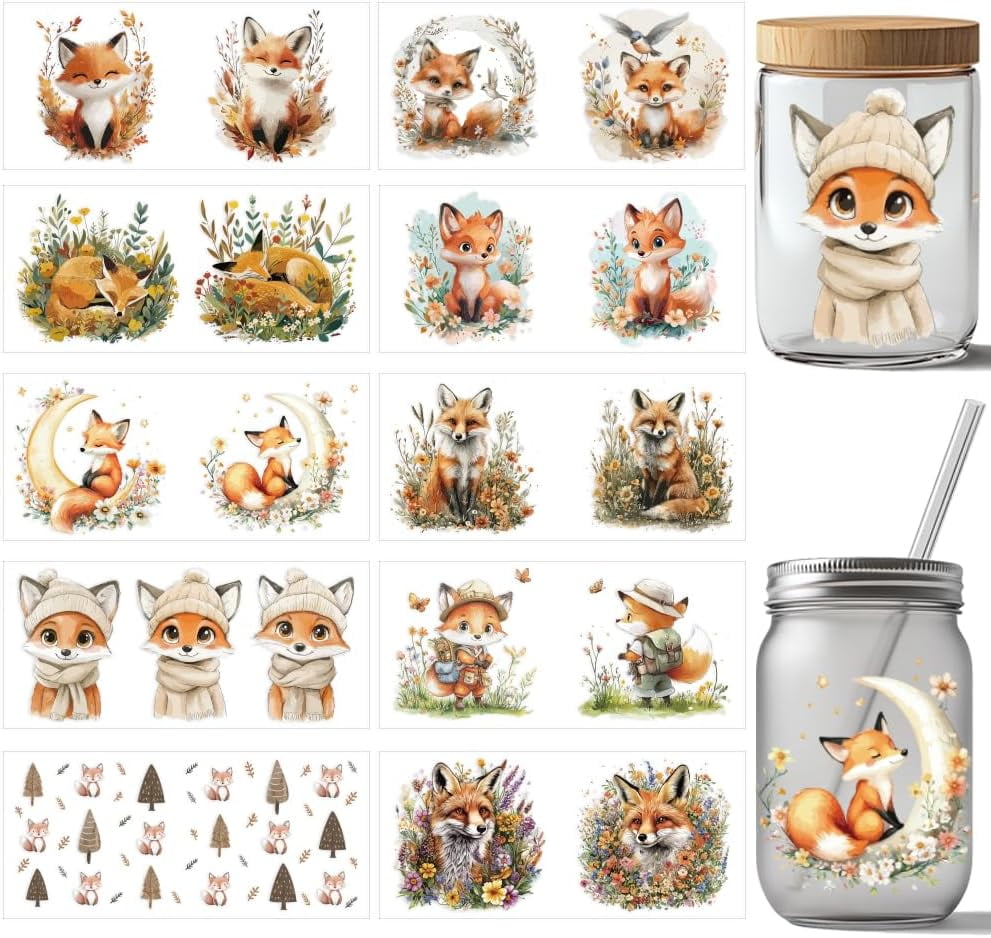 10 Pcs Fox UV DTF Cup Wrap Transfer Sticker 10 Styles Cute Cartoon ...