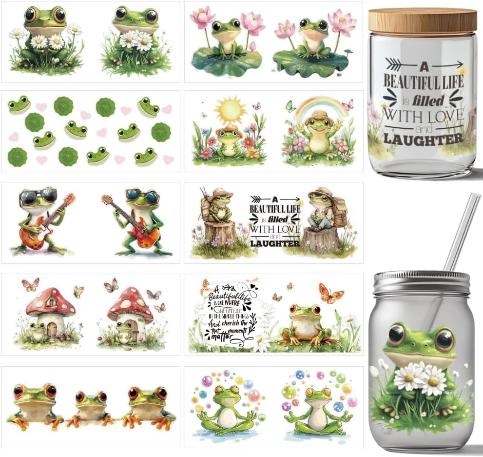 10 Pcs Frog UV DTF Cup Wrap Transfer Sticker 10 Styles Animal Frog Cute ...