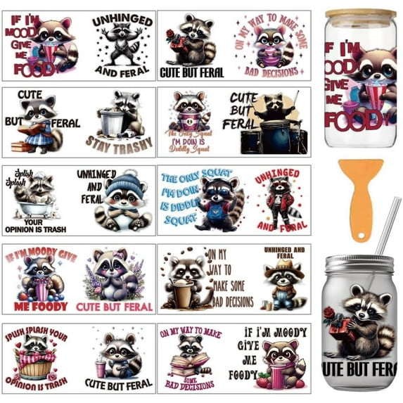 10 Pcs Funny Raccoon Theme PVC Cup Printing Transfer Sticker Colorful ...
