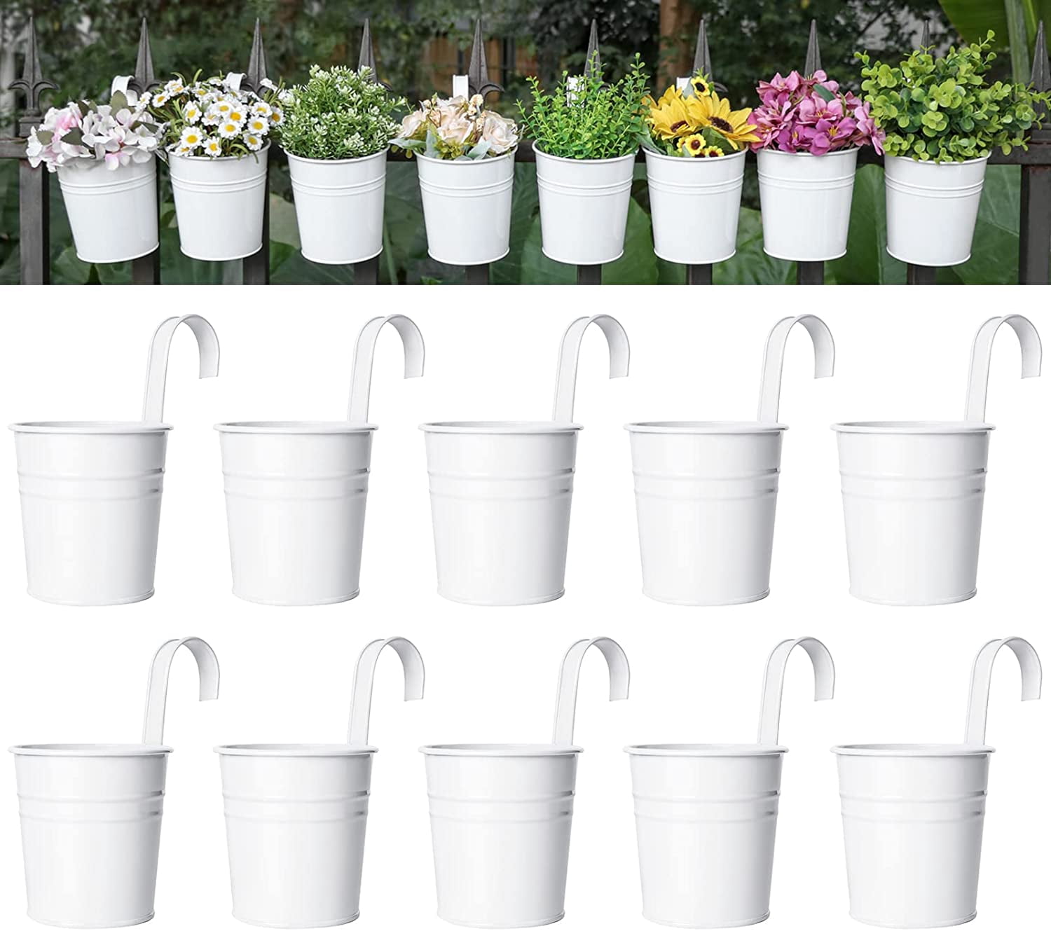 10 Pcs Hanging Flower Pots Metal Iron Bucket Planter for Railing Fence ...