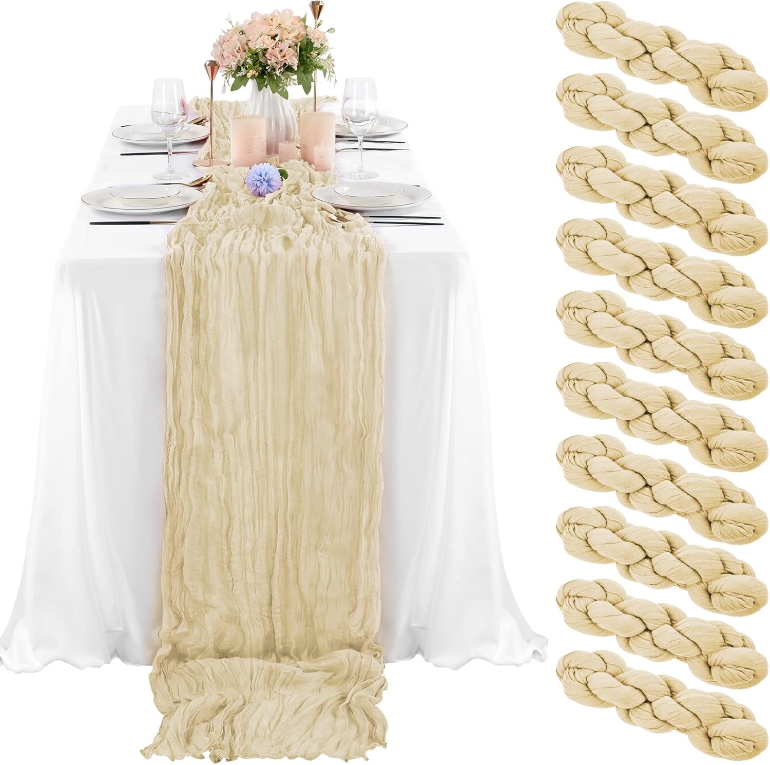 10 Pcs Ivory Cheesecloth Table Runner 13FT, Gauze Table Runner for ...