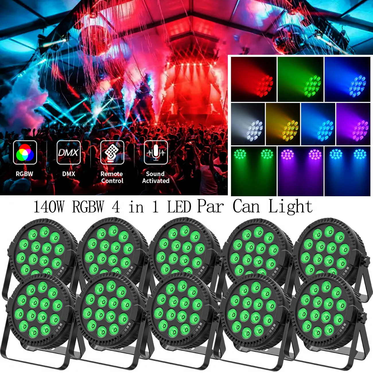 10 Pcs LED Par Lights RGBW DJ Light Stage Lighting 14x6W Uplights for Events by Sound Activated ...
