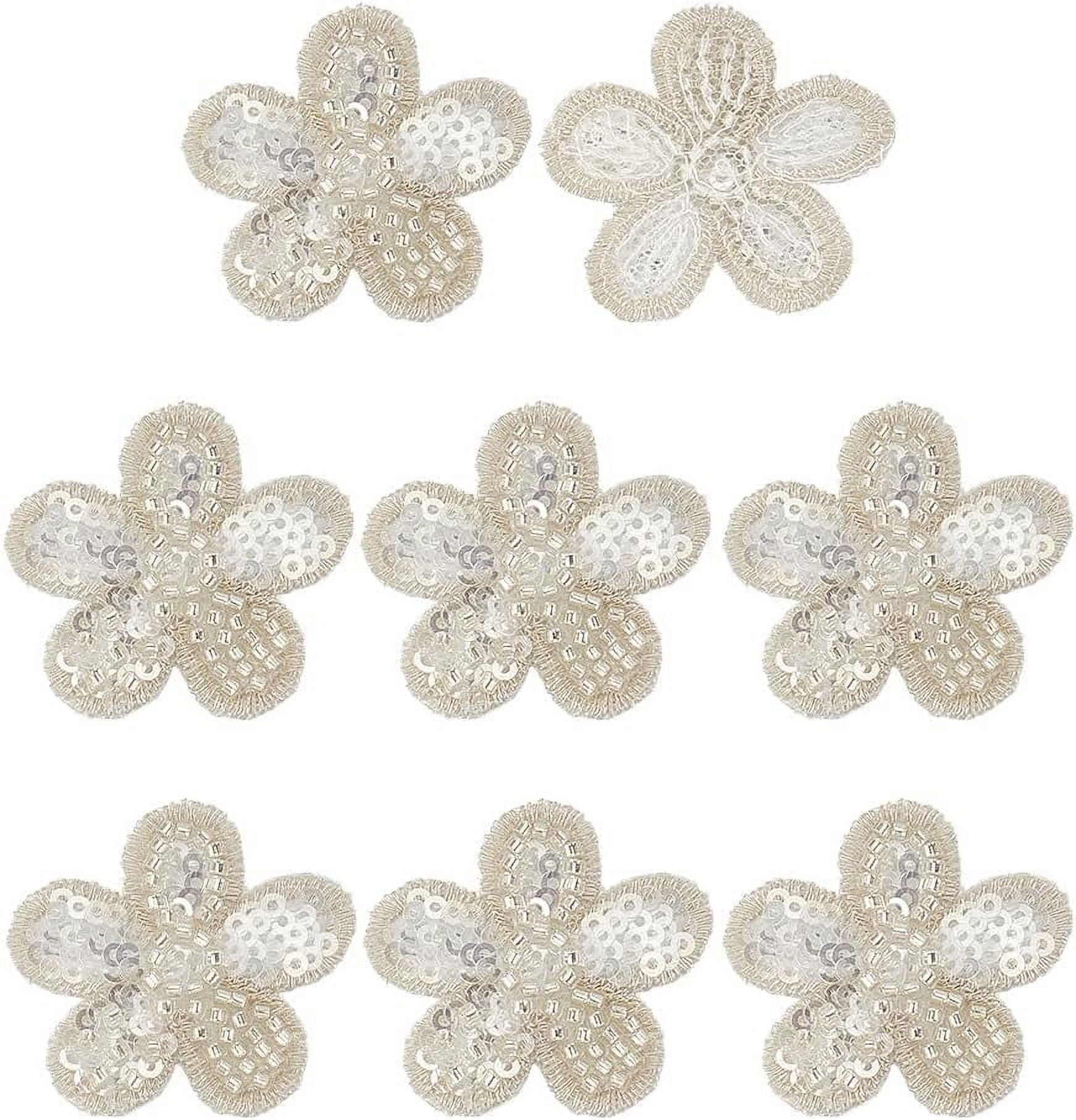 10 Pcs Lace Flowers Applique Rhinestone Seed Beads Embroidered Cloth 3D ...