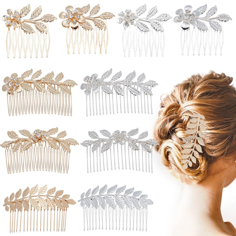 10 Pcs Leaf Hair Combs Golden and Silver Elegant Rhinestone Bridal Hair ...