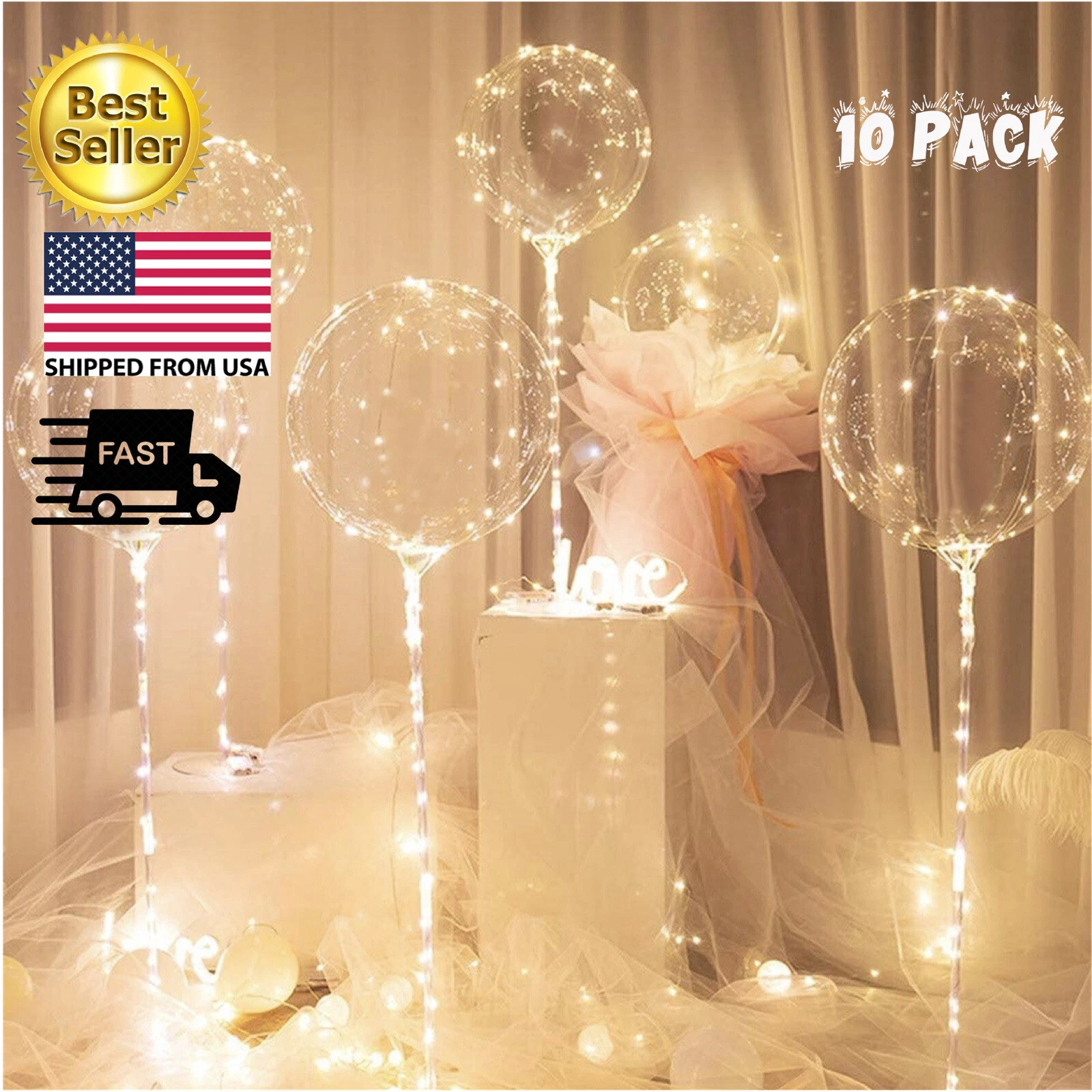10 Pcs Led White Light Up Bobo Balloon 20 Inch(With Stick)10 Pack Clear ...