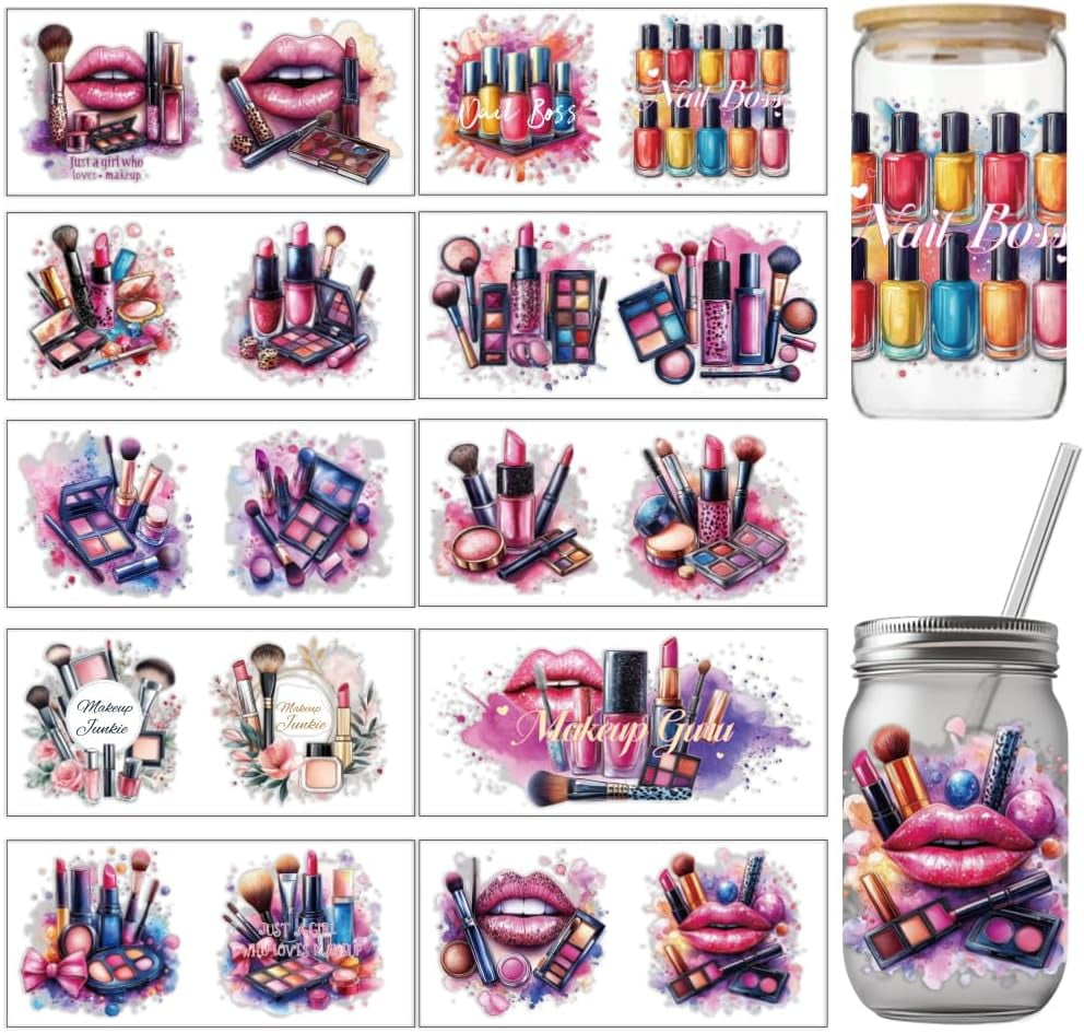 10 Pcs Makeup Theme UV DTF Cup Wrap Transfer Sticker 10 Styles Nail Art ...