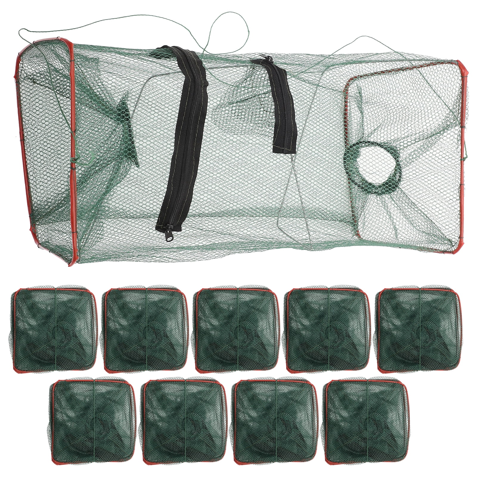10 Pcs Mesh Shrimp Net Foldable Aquaculture Cage Fishing Landing Dip Nets Crab Trap Weights Red ...